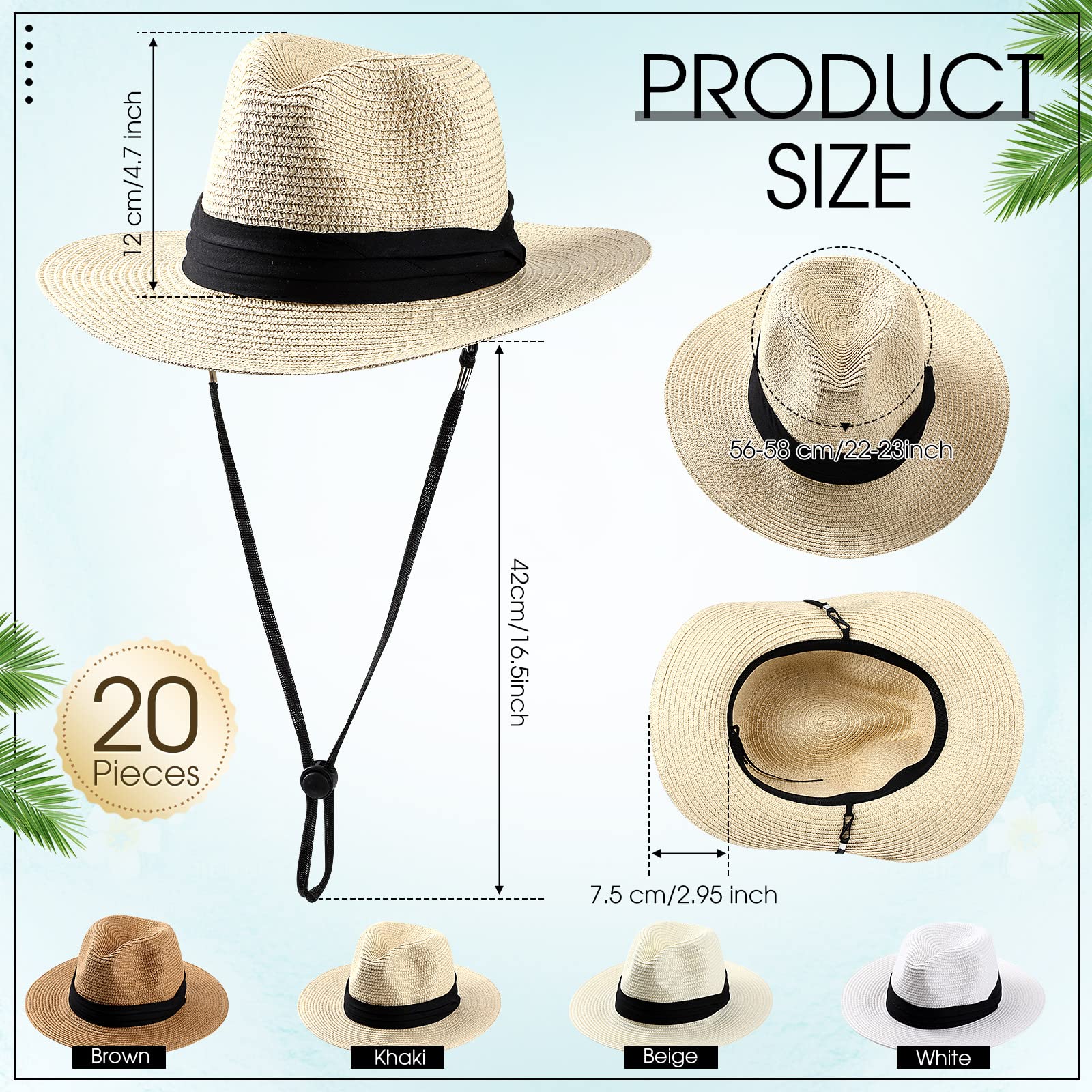 Wesiti 20 Pcs Women Straw Panama Hat Bulk Wide Brim Beach Sun Hats with Removable Wind Lanyard Foldable Summer Straw Hat Panama Sun Hat Cap for Women Men Summer Travel Vacation 4 Colors