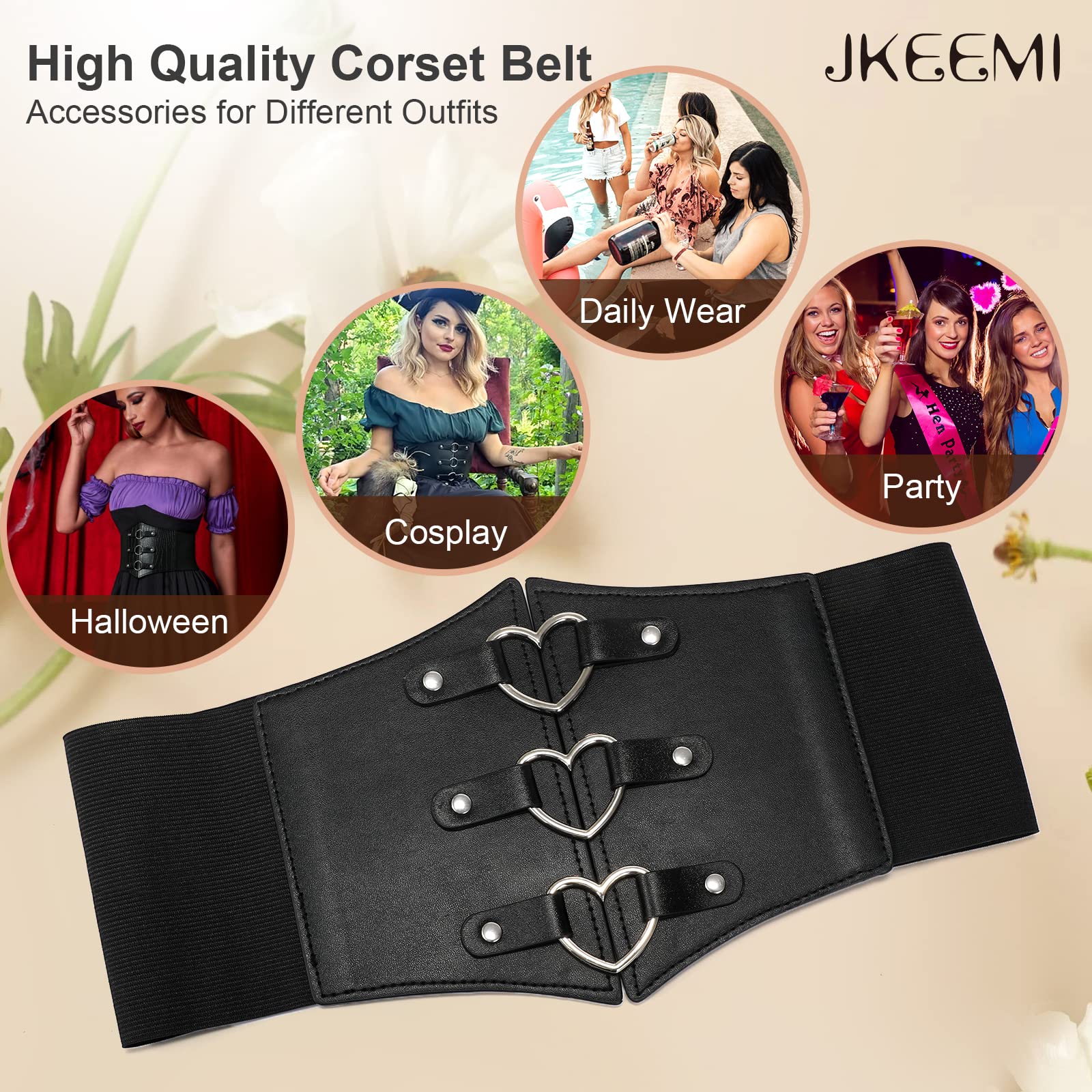 JKEEMI Women Corset Belt Metal O-Ring Heart-Ring Wide Elastic Waspie Waist Belt for Daily Cosplay Halloween Costumes