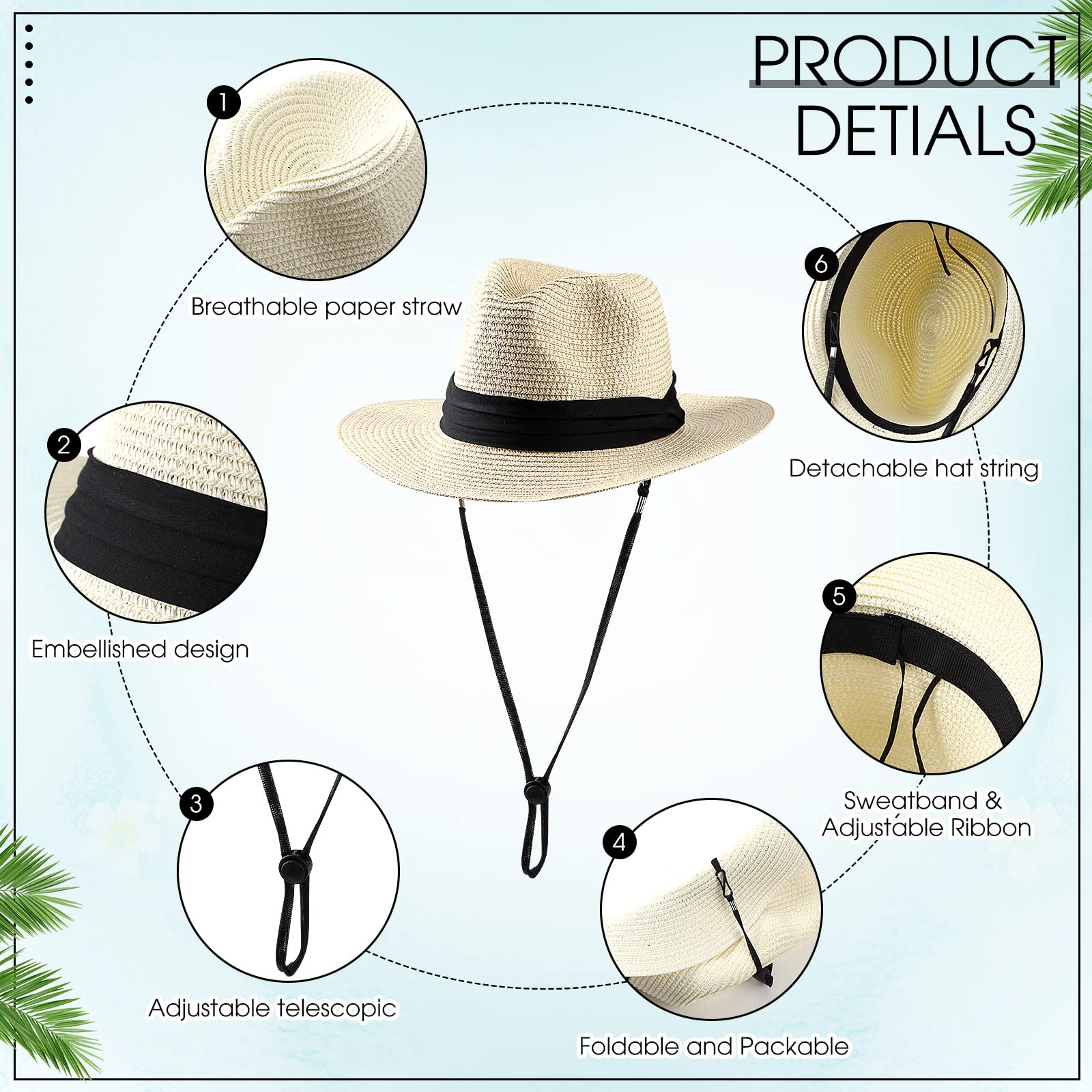 Wesiti 20 Pcs Women Straw Panama Hat Bulk Wide Brim Beach Sun Hats with Removable Wind Lanyard Foldable Summer Straw Hat Panama Sun Hat Cap for Women Men Summer Travel Vacation 4 Colors