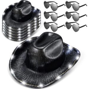 janmercy 6 pack led cowboy hats light up glitter space cowgirl hat with 6 heart sunglasses for women girls and men (black)