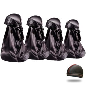 4pcs silky durags for men women 360 waves with 1 wave cap, silky satin durag extra long tails black black black black