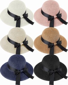 pasimy 6 pcs straw hat for women upf 50+ summer floppy hat woven beach hat foldable bucket hat with bowknot for women(mixed colors,bowknot style)