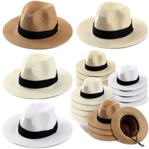 wesiti 20 pcs women straw panama hat bulk wide brim beach sun hats with removable wind lanyard foldable summer straw hat panama sun hat cap for women men summer travel vacation 4 colors