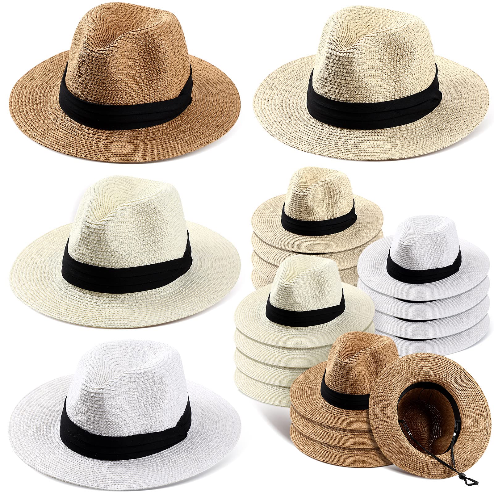 Wesiti 20 Pcs Women Straw Panama Hat Bulk Wide Brim Beach Sun Hats with Removable Wind Lanyard Foldable Summer Straw Hat Panama Sun Hat Cap for Women Men Summer Travel Vacation 4 Colors