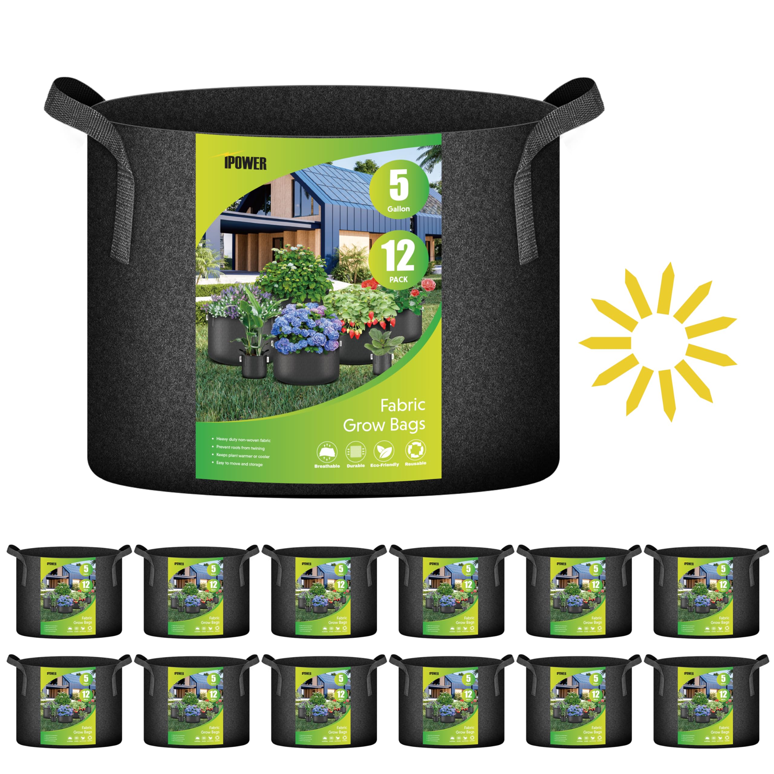 iPower 12-Pack 5 Gallon Grow Bags Heavy Duty Thickened Aeration Nonwoven Fabric Pots with Nylon Handles, for Planting Vegetables, Fruits, Flowers, Black