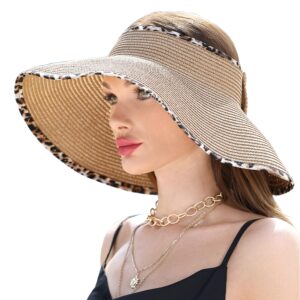 womens beach straw sun hats ponytail hole wide brim summer visor foldable hat sun protection packable for travel pool(one size,khaki with leopard)