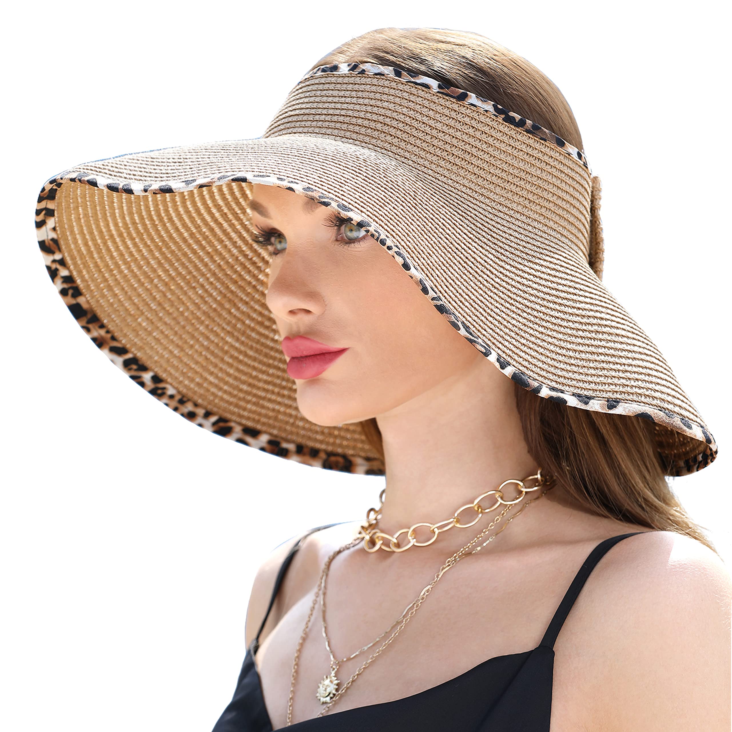 Womens Beach Straw Sun Hats Ponytail Hole Wide Brim Summer Visor Foldable Hat Sun Protection Packable for Travel Pool(One Size,Khaki with Leopard)