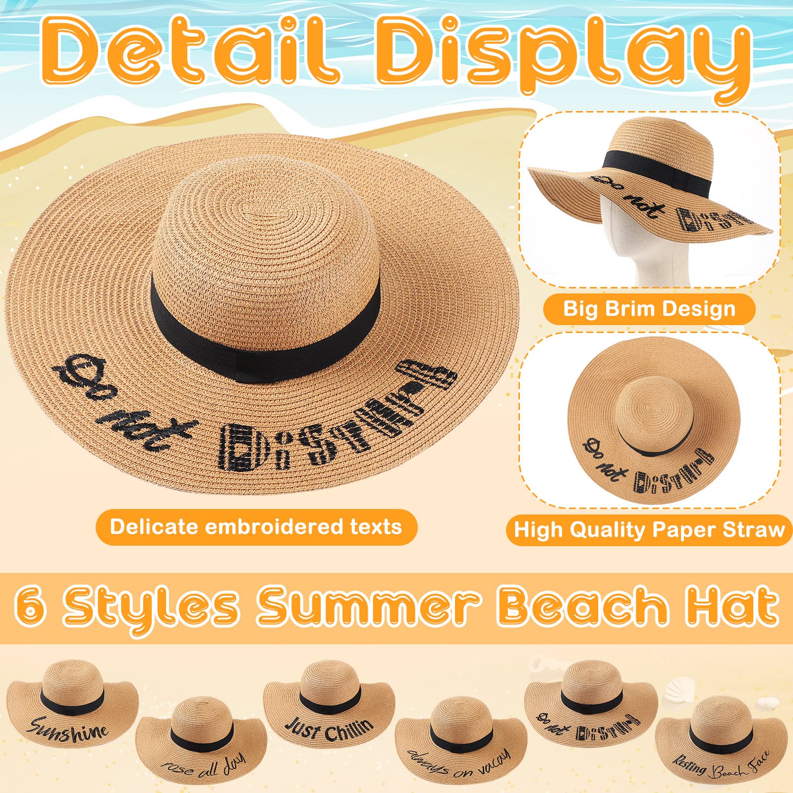 Sureio 6 Pcs Beach Hat for Women Summer Floppy Hat Embroidered Foldable Sun Hat Large Brim Adjustable Straw Hats for Women Vocation Travel