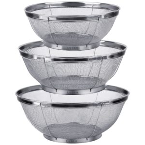 3 pack strainers for kitchen, 18/8 stainless steel colander, fine mesh strainer for pasta, rice and fruit, sieve for strain, drain, rinse or steam (5-quart, 4-quart and 3-quart)