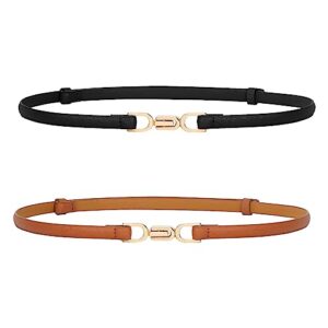 vonmelli 2 pack women's leather skinny belt for dress adjustable thin waist belt for ladies black+brown