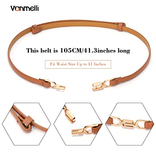 VONMELLI 2 Pack Women's Leather Skinny Belt for Dress Adjustable Thin Waist Belt for Ladies Black+Brown