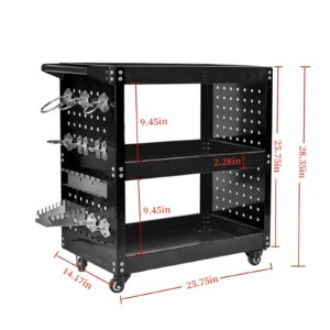 Rolling Tool Cart,3 Tier Heavy Duty Mechanic Tool Storage Cart on Wheels,Side Pegboard kit and Lockable System, 14 Hooks, 300lbs Load Capacity, for Garage Warehouse Workshop Repair Shop (Black)