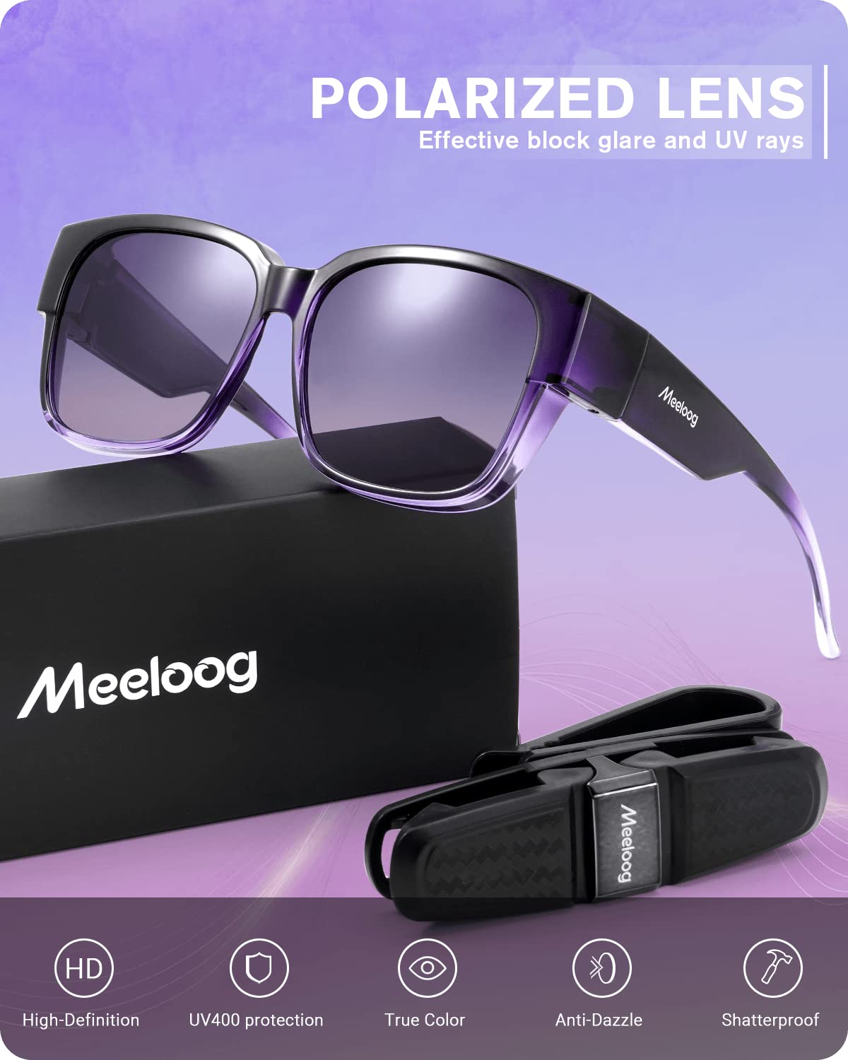 Meeloog Polarized Fit Over Glasses Sunglasses for Women, Square Wrap Around Lightweight Shades for Driving Riding MST0099 (P1 Purple Frame/Gradient Grey Lens)