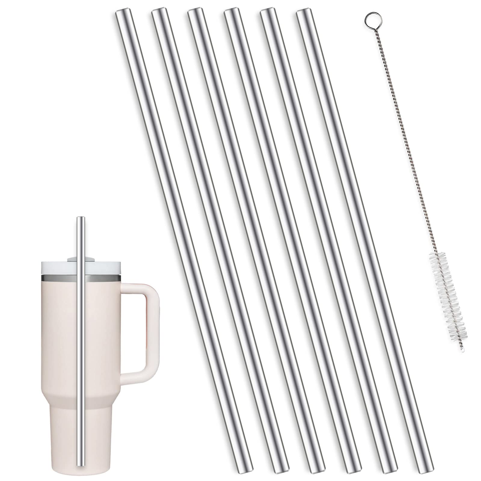 6 Pack Replacement Stainless Steel Straws Compatible with Stanley 40 oz Cup Tumbler, Reusable Straws with Cleaning Brush, Compatible with Stanley Adventure Travel Tumbler (12.5 inch)