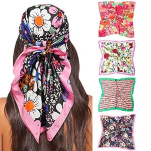 molans 35” satin large square hair scarves, 4pcs silk head scarf bandanas for women,silk head wraps for sleeping(plant flower)