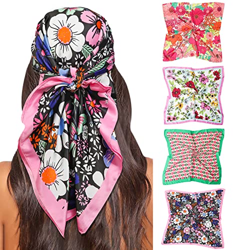 Molans 35” Satin Large Square Hair Scarves, 4pcs Silk Head Scarf Bandanas for Women,Silk Head Wraps for Sleeping(Plant flower)