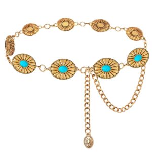 BEMYLV Turquoise Concho Belts for Women Western Gold Cowgirl Metal Belt Boho Waist Chains Dresses Jeans