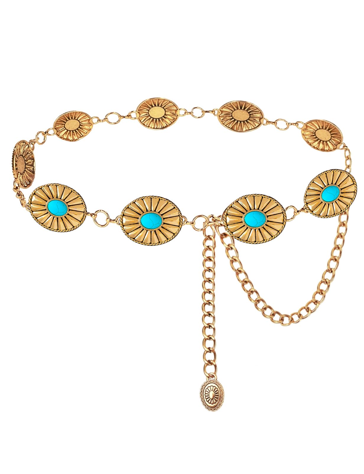 BEMYLV Turquoise Concho Belts for Women Western Gold Cowgirl Metal Belt Boho Waist Chains Dresses Jeans