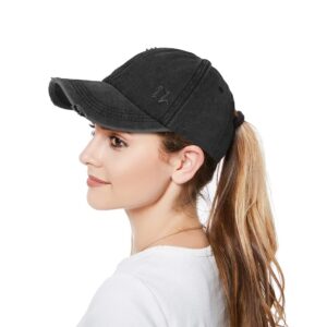 Muryobao Women Ponytail Criss Cross Messy Buns Ponycaps Baseball Cap Adjustable Cotton Distressed Dad Trucker Hat for Outdoor Sports Travel Black