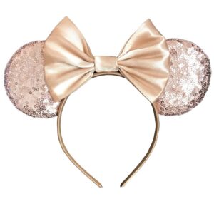 foeran mouse ears headbands, sequin mouse ears headband with bow for kids adults women, accessories for birthday party cosplay costume (light gold bow)