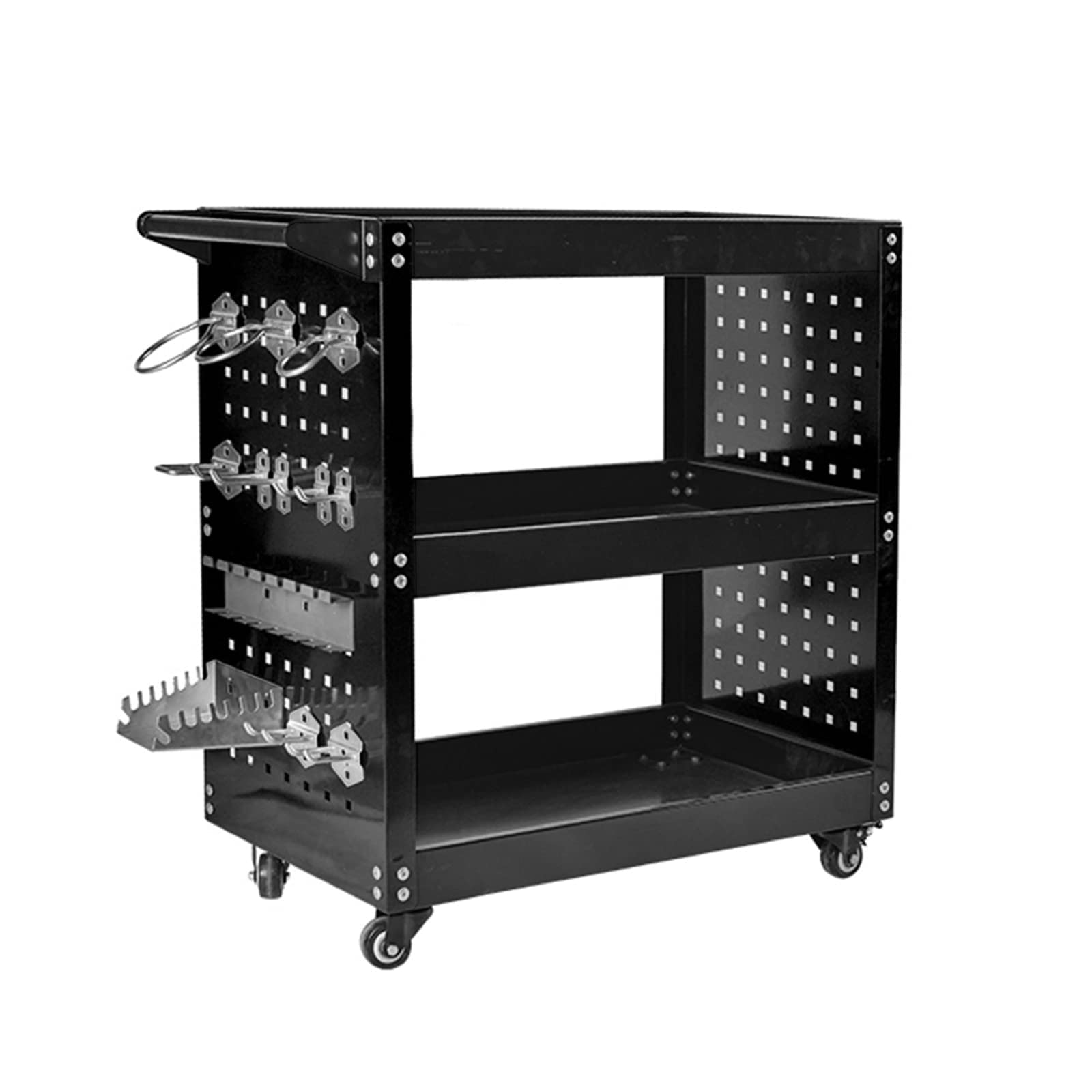 Rolling Tool Cart,3 Tier Heavy Duty Mechanic Tool Storage Cart on Wheels,Side Pegboard kit and Lockable System, 14 Hooks, 300lbs Load Capacity, for Garage Warehouse Workshop Repair Shop (Black)