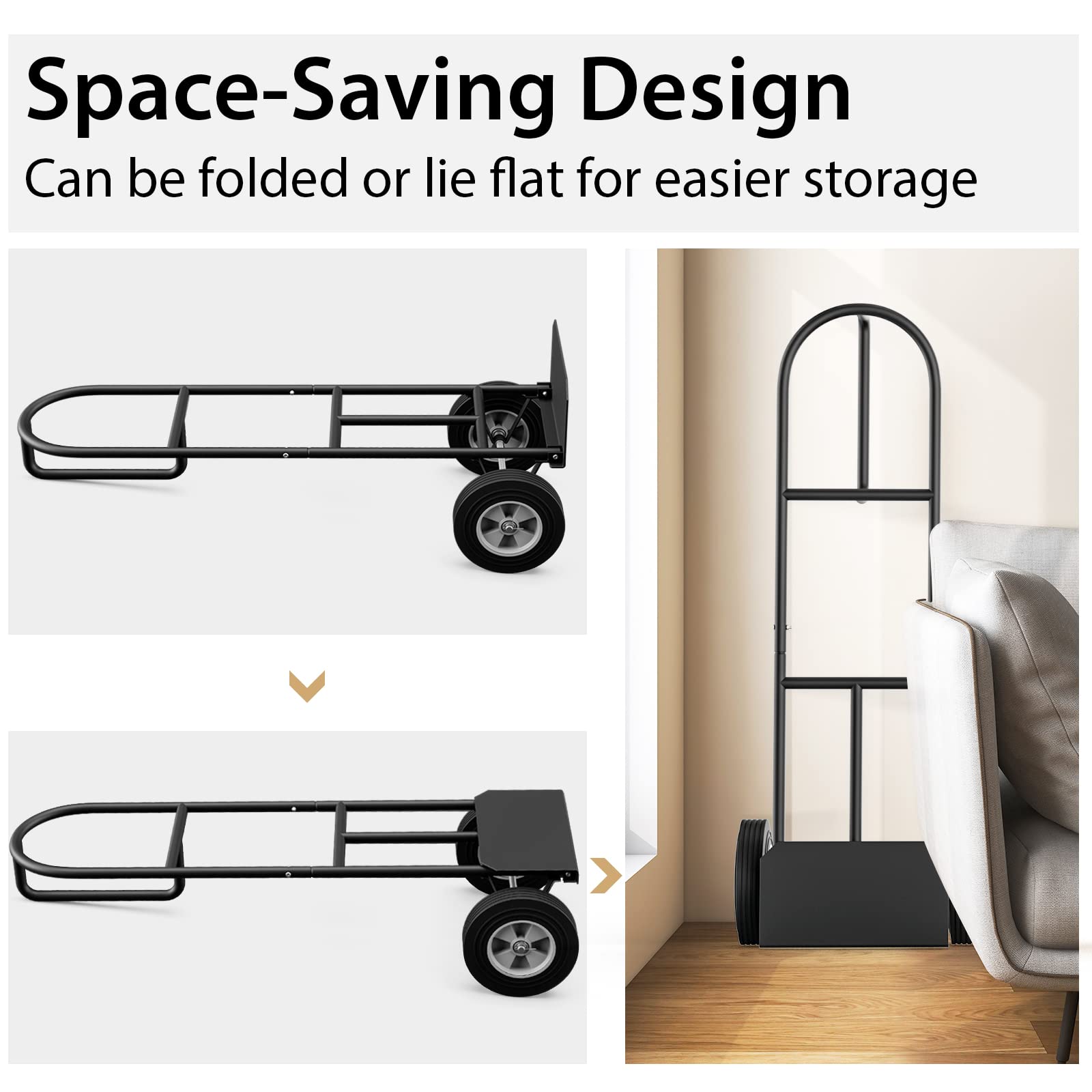 Nightcore Hand Truck 660 LBS Capacity, Heavy-Duty Dolly Cart w/P-Handle, All-Terrain Double Bearing Wheels, Foldable & Space-Saving Hand Cart for Home, Warehouse, Garage, Backyard (Black)