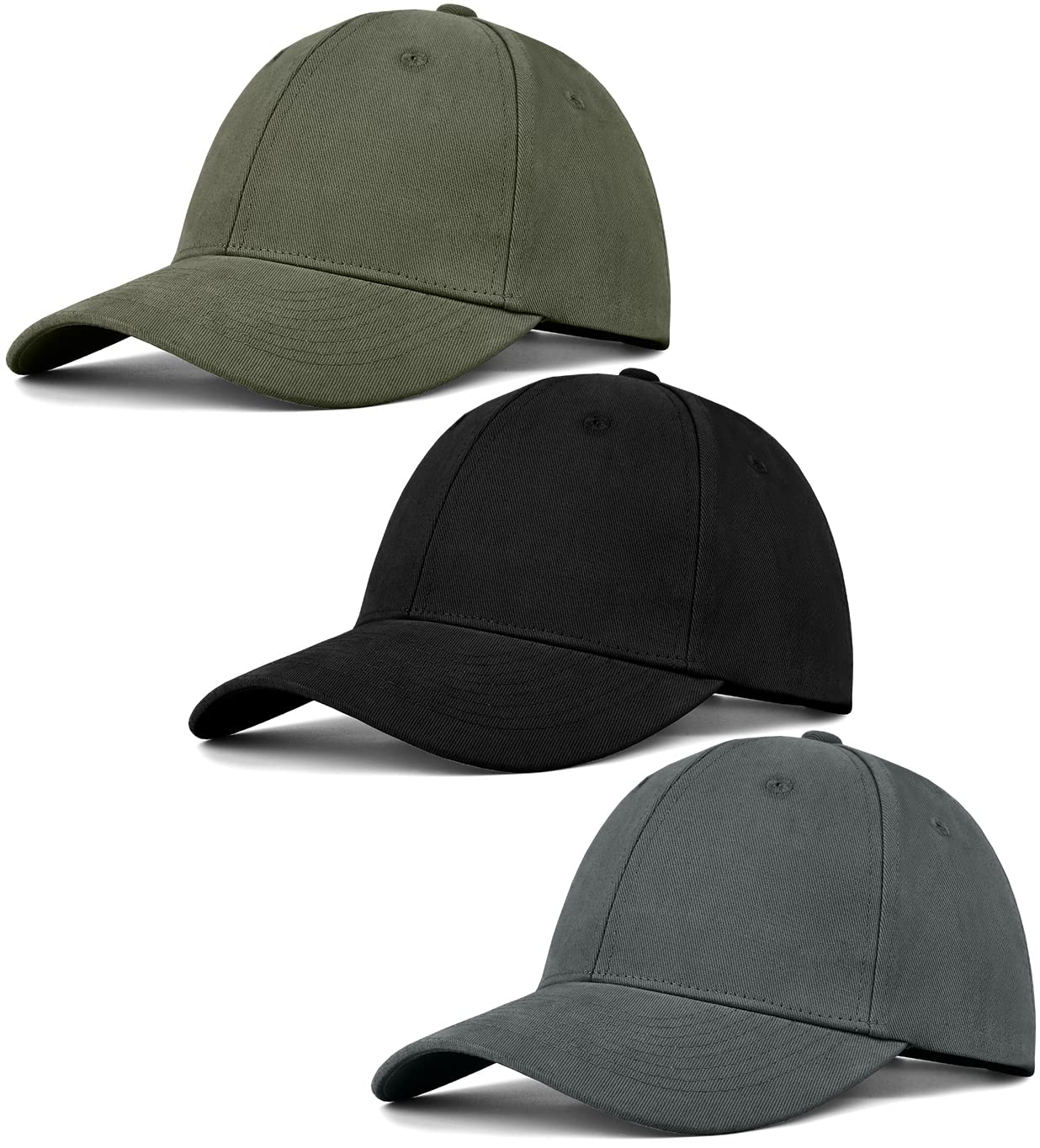 ZEXIAN 3 Pack Unisex Cotton Baseball Cap Adjustable Unconstructed Plain Sport Dad Golf Hat for Men and Women (Black+Grey+Green)