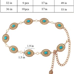 BEMYLV Turquoise Concho Belts for Women Western Gold Cowgirl Metal Belt Boho Waist Chains Dresses Jeans