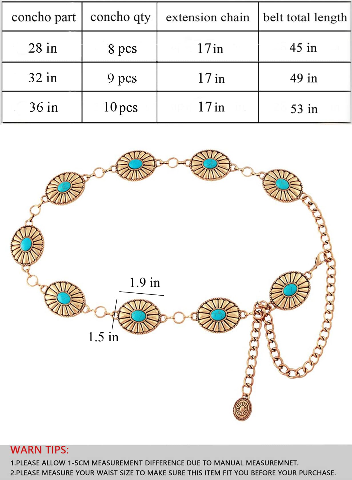 BEMYLV Turquoise Concho Belts for Women Western Gold Cowgirl Metal Belt Boho Waist Chains Dresses Jeans