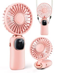 coldsky portable handheld fan, 4000mah battery operated fan with led display, handheld/neck/desk 3 in 1 personal small fan, 90° foldable desk fan with base, 5 speed lash fan makeup fan for women