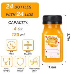 TOMNK 4oz Plastic Juice Bottles, 24pcs Shot Bottles with Caps, Mini Juicer Bottles, Empty Reusable Clear Bottles with Lids, Label, Funnel and Brush