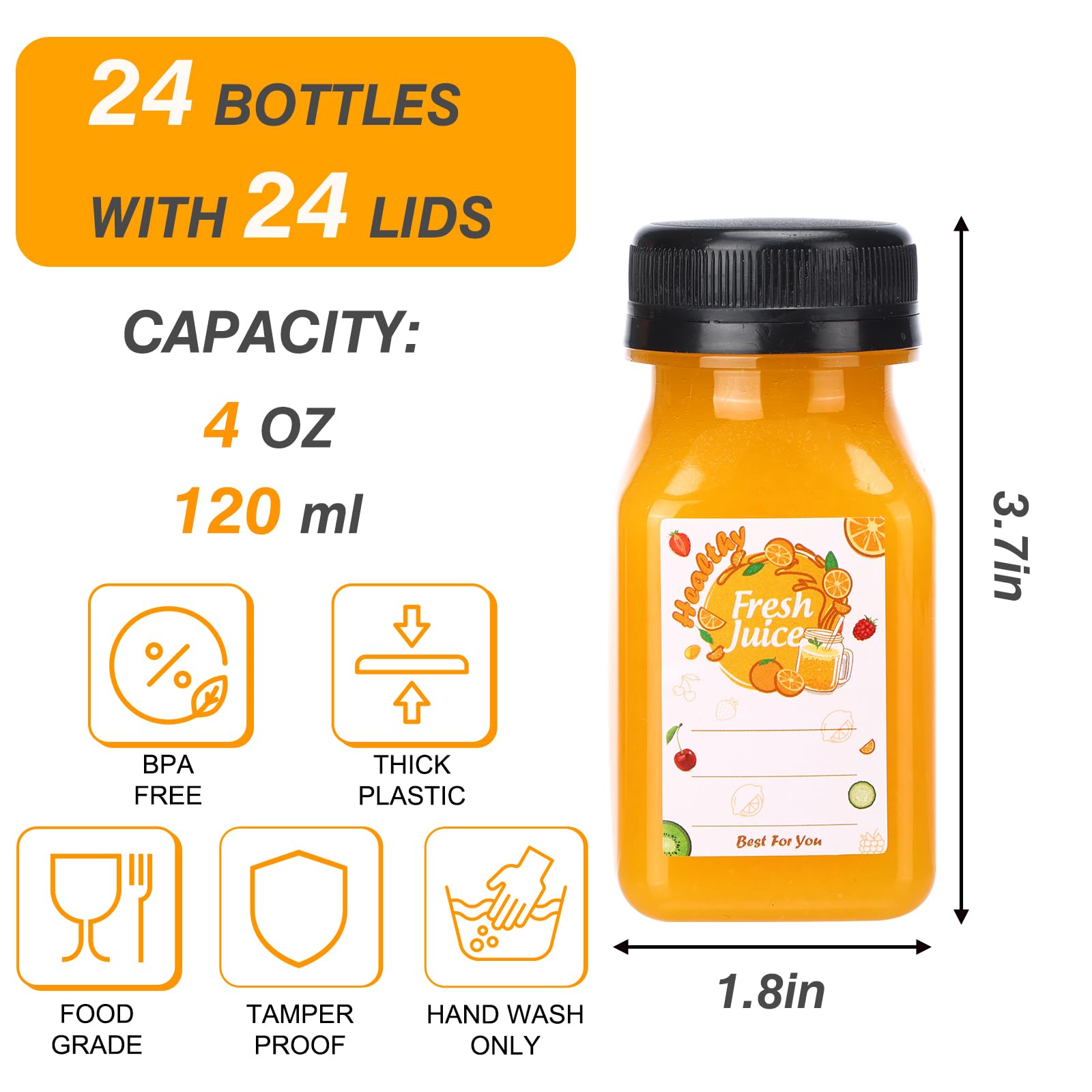 TOMNK 4oz Plastic Juice Bottles, 24pcs Shot Bottles with Caps, Mini Juicer Bottles, Empty Reusable Clear Bottles with Lids, Label, Funnel and Brush