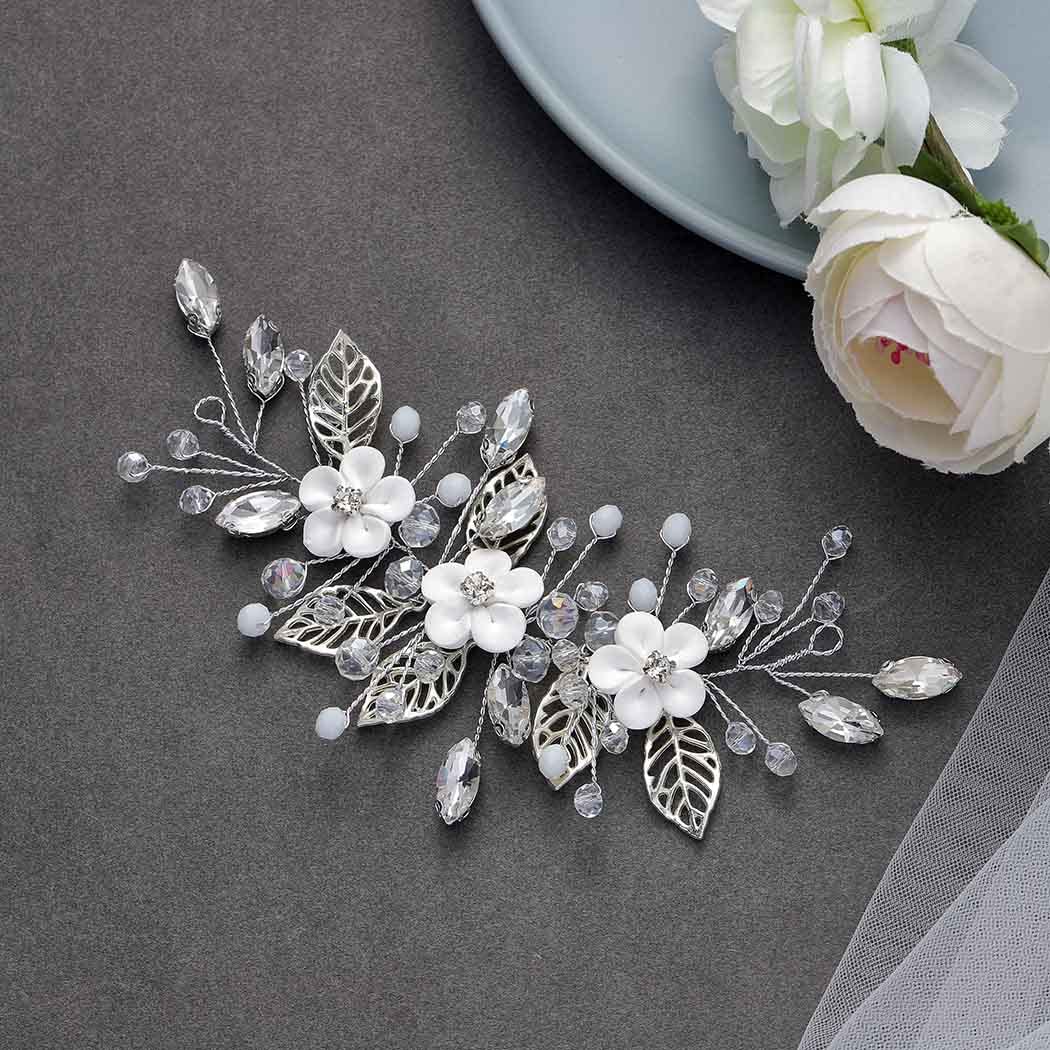 Unicra Silver Flower Bride Wedding Hair Vine Leaf Bridal Hair Piece Rhinestone Hair Accessories Beaded Headpieces Jewelry for Women and Girls (Silver)