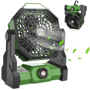 camping fan rechargeable, 10400mah portable battery operated camping fan for tents, hangable usb silent camping fans with led lantern, suitable for fishing, camping, bedroom, workplace (green)