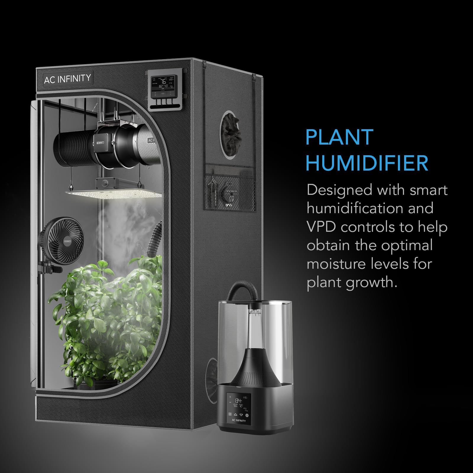 AC Infinity CLOUDFORGE T3, Plant Humidifier 4.5L with VPD Humidity Controls, 10-Level Precision Vaporizer, Extendable Targeting Hose and No-Leak Seal for Grow Tents