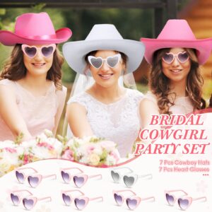 Unittype 14 Pcs Bridal Cowgirl Party Set Heart Glasses Bride Cowboy Hats for Bachelorette Party Bridal Wedding Shower (Pink, White)