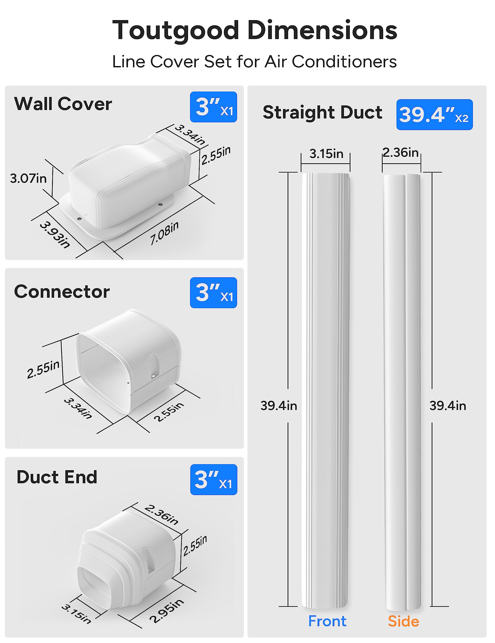 Toutgood 3'' 7.5Ft Line Set Cover Kit for Mini Split Ductless Air Conditioners and Heat Pumps, Central AC Decorative Upgraded UV-Proof Strong& Durability PVC Pipe