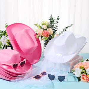 Unittype 14 Pcs Bridal Cowgirl Party Set Heart Glasses Bride Cowboy Hats for Bachelorette Party Bridal Wedding Shower (Pink, White)