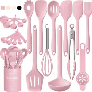 umite chef 22pcs silicone cooking utensils set, heat resistant silicone kitchen spatulas set with holder, cooking gadgets tools set for nonstick cookware, dishwasher safe(pink)