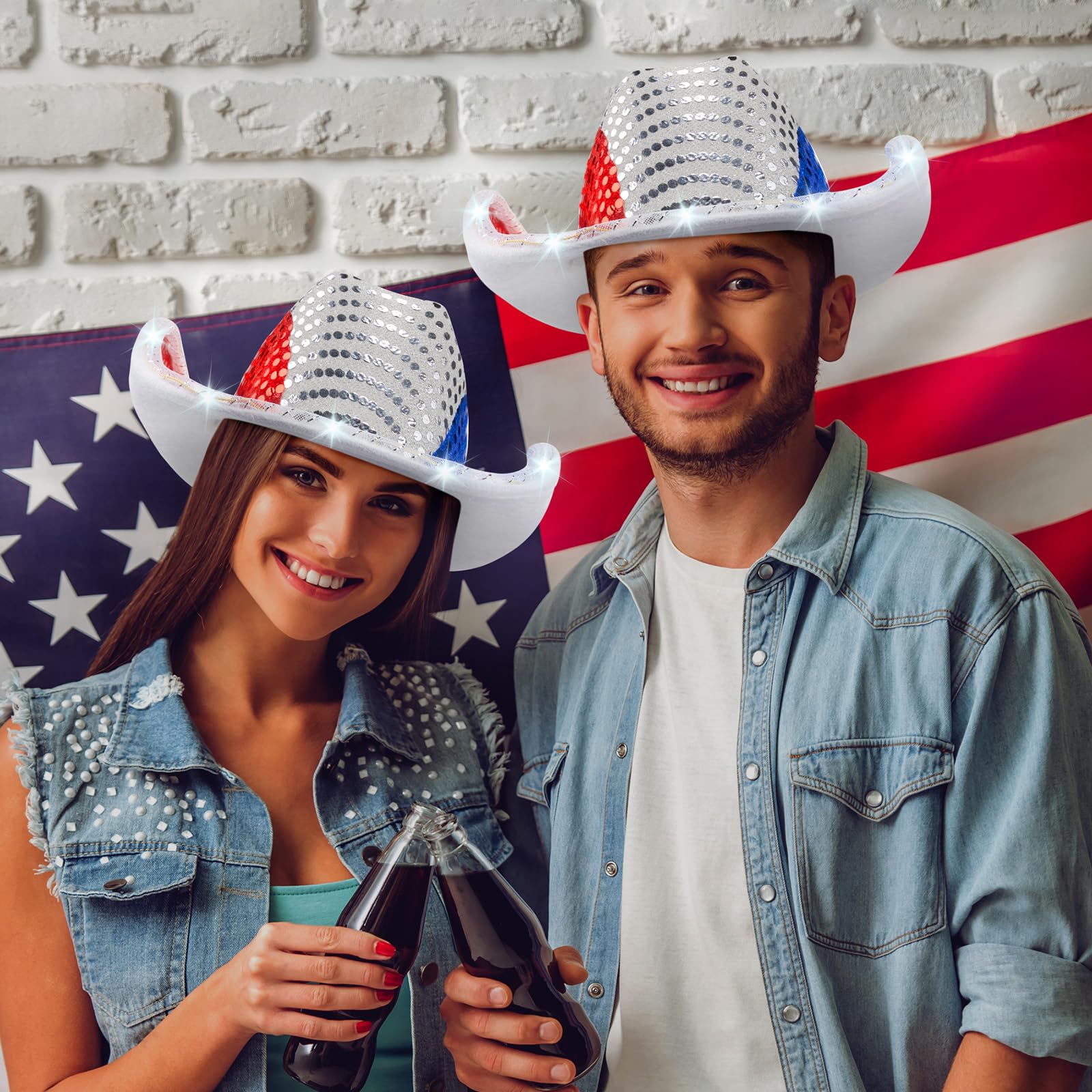 Wesiti 6 Pieces Light Up Red White and Blue Patriotic Cowboy Hats, LED American Sequin Cowgirl Hat, 4th Of July Sparkly Usa Flag Cowboy Hats for Women and Men Western Independence Day Party Supplies