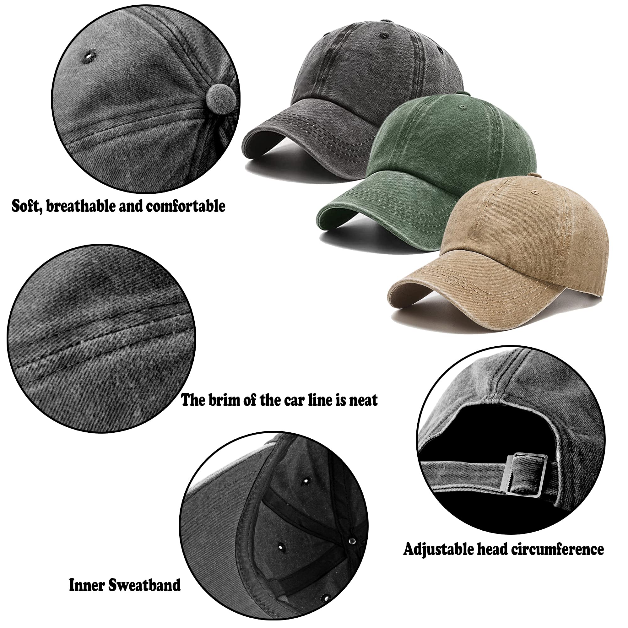 3 Pack Washed Plain Vintage Baseball Cap Cotton Adjustable Twill Bulk Low Profile Classic Dad Hat for Men/Women(Dark Green+Black+Khaki)