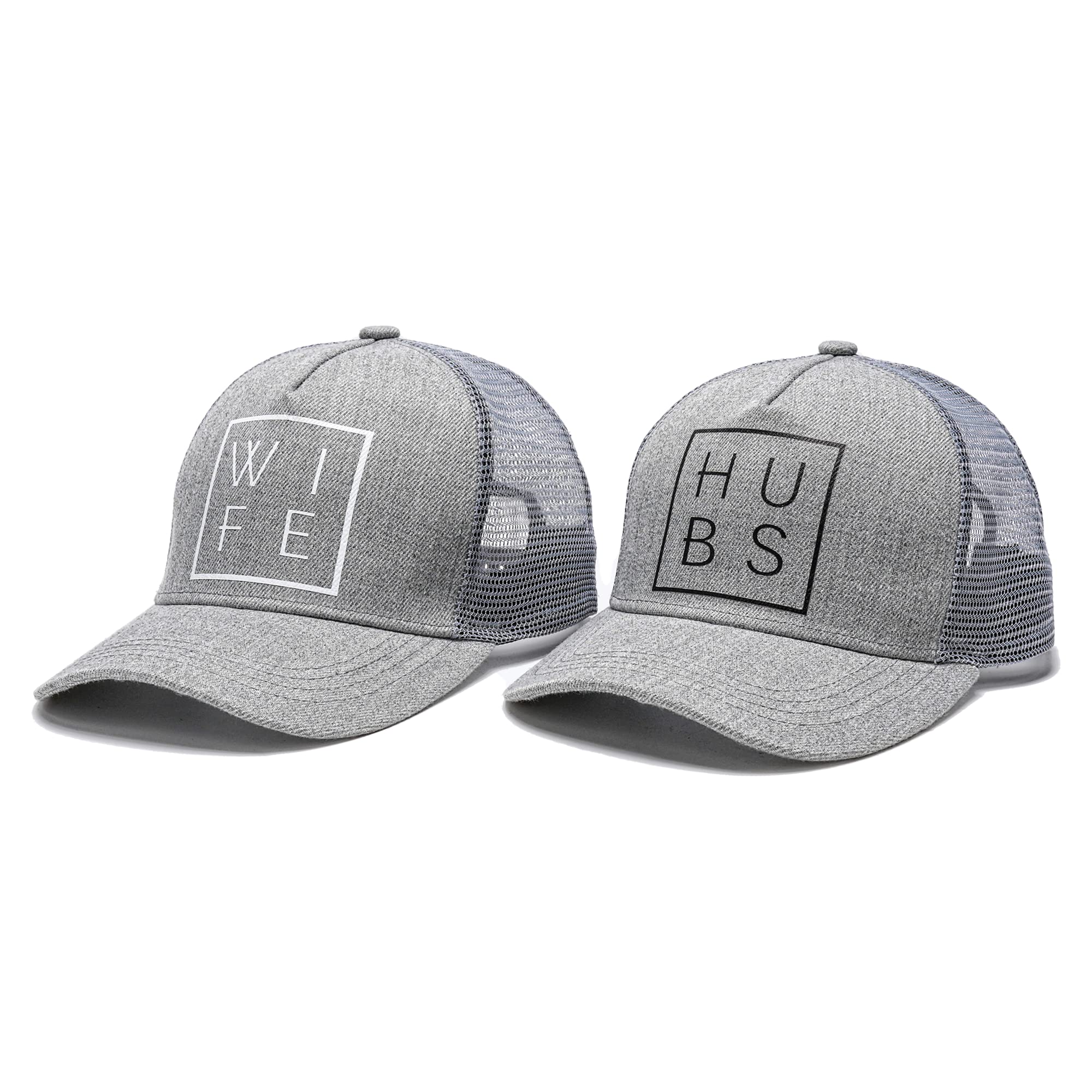 Heather Gray Hubs and Wife Trucker Hats Set of 2 Engagement Gifts for Couples Honeymoon Essentials/Outfits Baseball Caps Mr and Mrs Snapback Bride and Groom Gifts His and Hers Hats Wedding Gifts