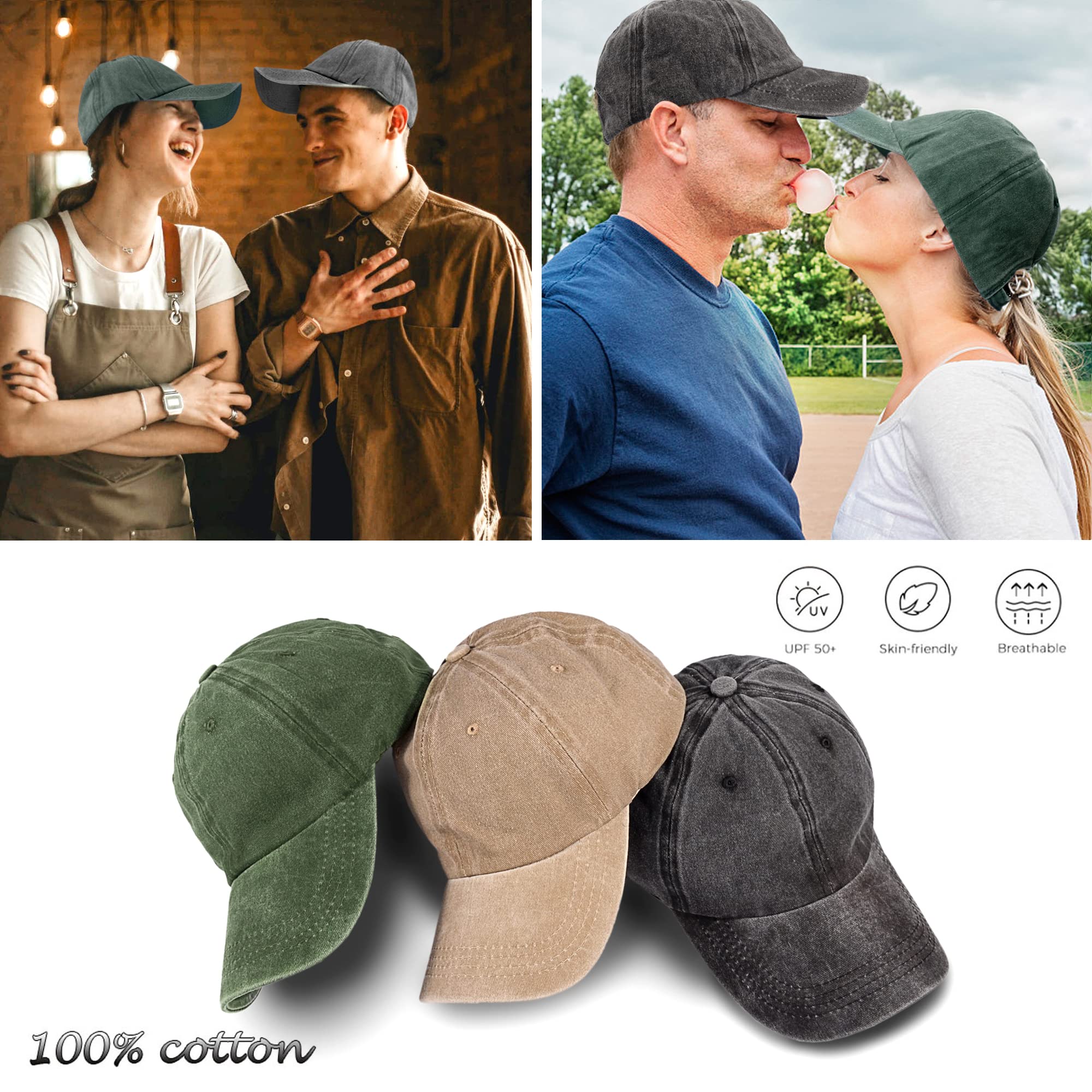 3 Pack Washed Plain Vintage Baseball Cap Cotton Adjustable Twill Bulk Low Profile Classic Dad Hat for Men/Women(Dark Green+Black+Khaki)