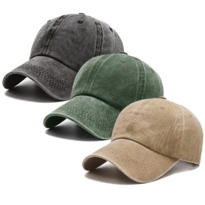 3 pack washed plain vintage baseball cap cotton adjustable twill bulk low profile classic dad hat for men/women(dark green+black+khaki)