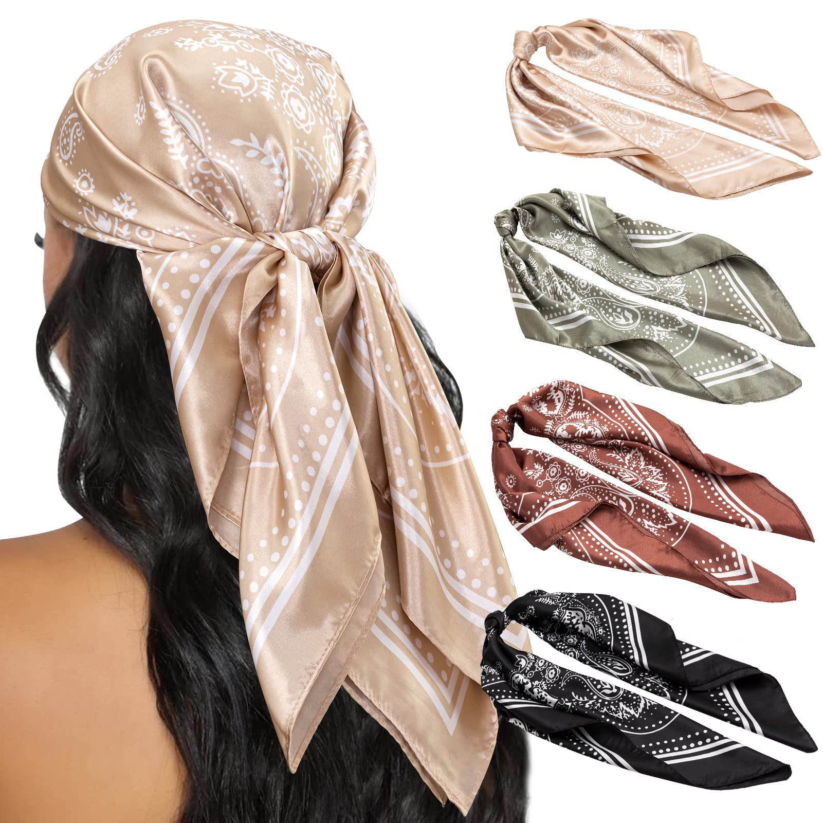 HBselect 4PCS Head Scarf for Women 35” Head Scarves Silk Like Satin Neck Scarfs Square Bandana Hair Wraps Scarf for Sleeping