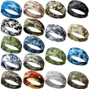 wavyknot 18 pcs sports sweatbands for men women camo headbands workout non slip headbands breathable head band fitness stretchy unisex hairband for yoga running cycling ball (camouflage,classic)