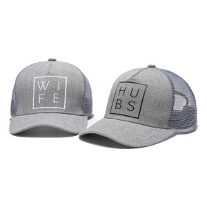 Heather Gray Hubs and Wife Trucker Hats Set of 2 Engagement Gifts for Couples Honeymoon Essentials/Outfits Baseball Caps Mr and Mrs Snapback Bride and Groom Gifts His and Hers Hats Wedding Gifts