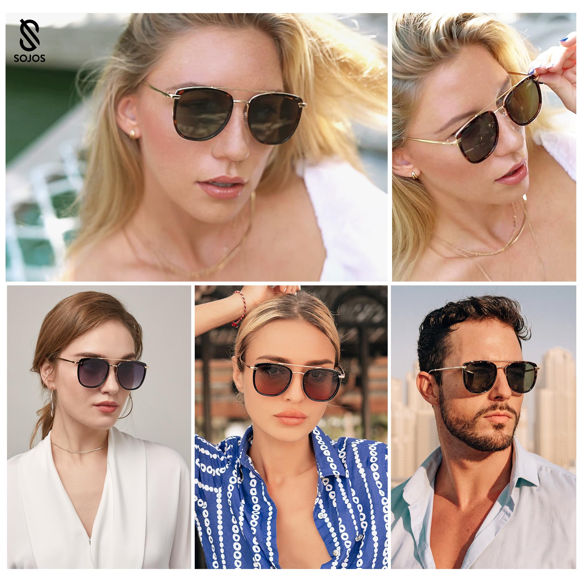 SOJOS Retro Aviator Square Polarized Sunglasses For Women Men,Vintage Women's Sun Glasses Shades UV400 SJ2180 with Black Brown Grading Grey