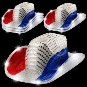 wesiti 6 pieces light up red white and blue patriotic cowboy hats, led american sequin cowgirl hat, 4th of july sparkly usa flag cowboy hats for women and men western independence day party supplies