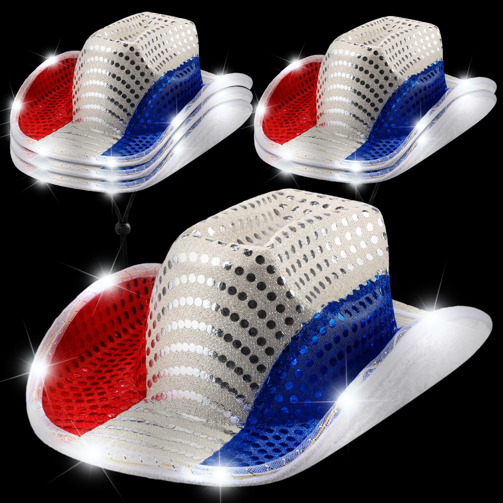 Wesiti 6 Pieces Light Up Red White and Blue Patriotic Cowboy Hats, LED American Sequin Cowgirl Hat, 4th Of July Sparkly Usa Flag Cowboy Hats for Women and Men Western Independence Day Party Supplies